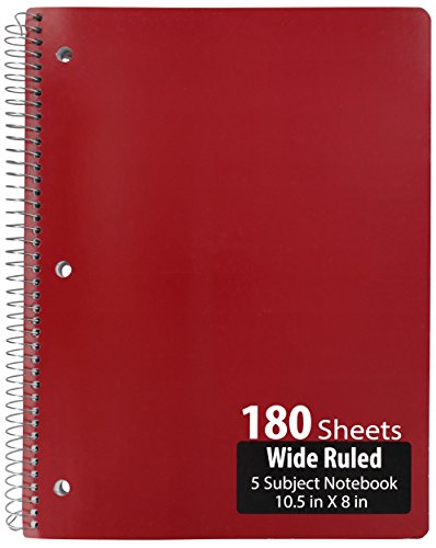 Emraw 5 Subject Notebook Spiral with 180 Sheets of Wide Ruled White Paper - Set Includes: Red, Black, Purple, & Blue Covers (Random 2-Pack)