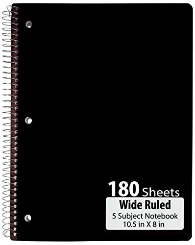 Emraw 5 Subject Notebook Spiral with 180 Sheets of Wide Ruled White Paper - Set Includes: Red, Black, Purple, & Blue Covers (Random 2-Pack)