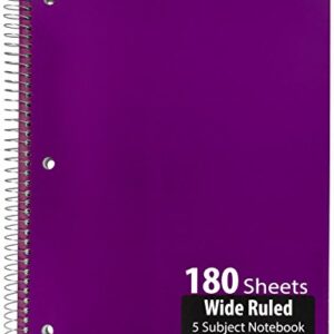 Emraw 5 Subject Notebook Spiral with 180 Sheets of Wide Ruled White Paper - Set Includes: Red, Black, Purple, & Blue Covers (Random 2-Pack)