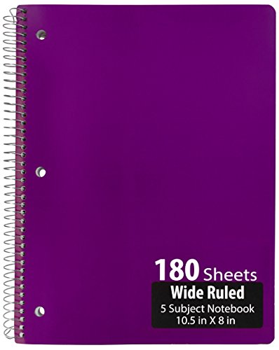 Emraw 5 Subject Notebook Spiral with 180 Sheets of Wide Ruled White Paper - Set Includes: Red, Black, Purple, & Blue Covers (Random 2-Pack)