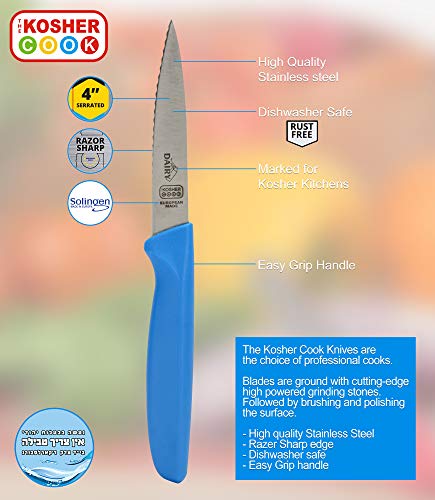 The Kosher Cook Dairy Blue Kitchen Knife - 4” Steak and Vegetable Knife - Razor Sharp Pointed Tip, Serrated Edge - Color Coded Kitchen Tools