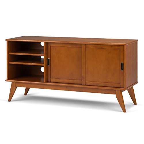 SIMPLIHOME Draper SOLID HARDWOOD 60 Inch Wide Mid Century Modern TV Media Stand in Teak Brown For TVs up to 65 Inches, For the Living Room and Entertainment Center