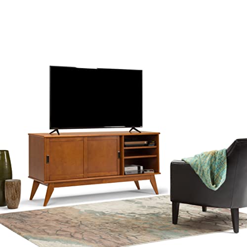 SIMPLIHOME Draper SOLID HARDWOOD 60 Inch Wide Mid Century Modern TV Media Stand in Teak Brown For TVs up to 65 Inches, For the Living Room and Entertainment Center