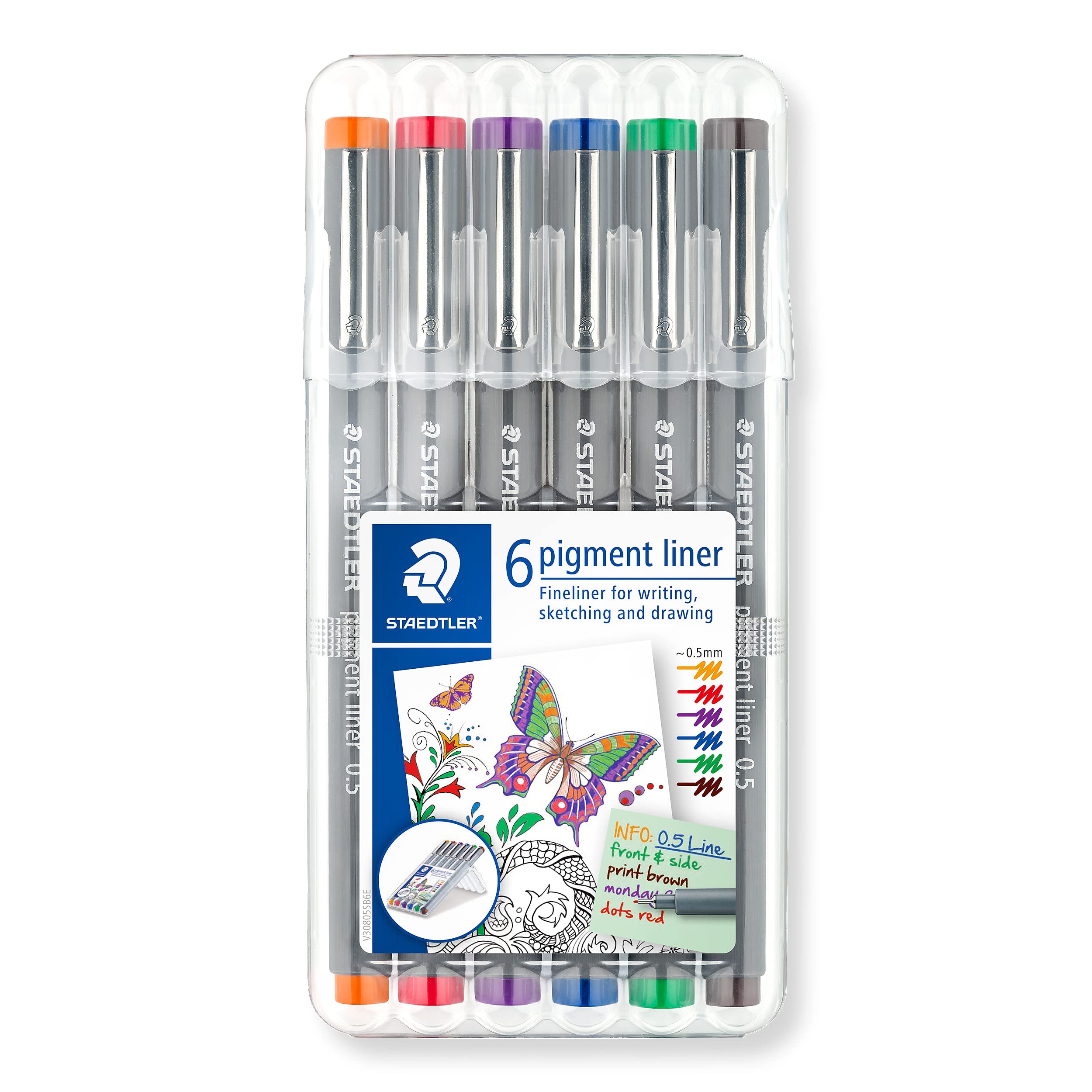 STAEDTLER 30805-SSB6 0.5 mm Coloured Pigment Liner, Multi-Colour, Pack of 6