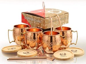 (gift set) pure copper hammered mugs with copper straws & wooden coasters set of 4 - premium quality -16 oz copper cups - 100% handcrafted - a gift pack for your loved ones