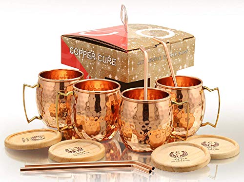 (Gift Set) Pure Copper Hammered Mugs with Copper Straws & Wooden Coasters Set of 4 - PREMIUM QUALITY -16 Oz Copper Cups - 100% Handcrafted - A Gift Pack for your loved Ones