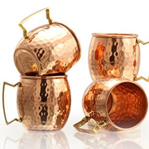 (Gift Set) Pure Copper Hammered Mugs with Copper Straws & Wooden Coasters Set of 4 - PREMIUM QUALITY -16 Oz Copper Cups - 100% Handcrafted - A Gift Pack for your loved Ones