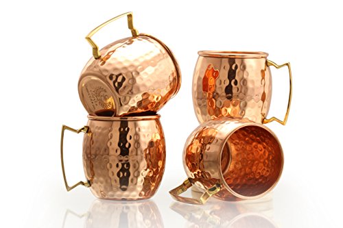 (Gift Set) Pure Copper Hammered Mugs with Copper Straws & Wooden Coasters Set of 4 - PREMIUM QUALITY -16 Oz Copper Cups - 100% Handcrafted - A Gift Pack for your loved Ones