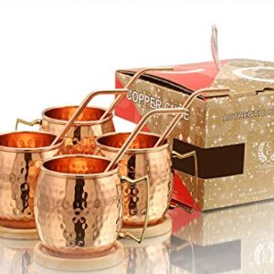 (Gift Set) Pure Copper Hammered Mugs with Copper Straws & Wooden Coasters Set of 4 - PREMIUM QUALITY -16 Oz Copper Cups - 100% Handcrafted - A Gift Pack for your loved Ones