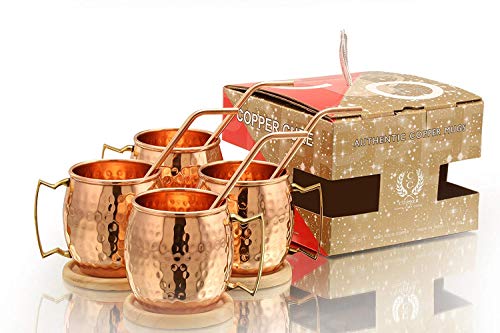 (Gift Set) Pure Copper Hammered Mugs with Copper Straws & Wooden Coasters Set of 4 - PREMIUM QUALITY -16 Oz Copper Cups - 100% Handcrafted - A Gift Pack for your loved Ones