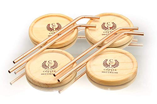 (Gift Set) Pure Copper Hammered Mugs with Copper Straws & Wooden Coasters Set of 4 - PREMIUM QUALITY -16 Oz Copper Cups - 100% Handcrafted - A Gift Pack for your loved Ones