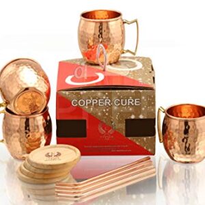 (Gift Set) Pure Copper Hammered Mugs with Copper Straws & Wooden Coasters Set of 4 - PREMIUM QUALITY -16 Oz Copper Cups - 100% Handcrafted - A Gift Pack for your loved Ones