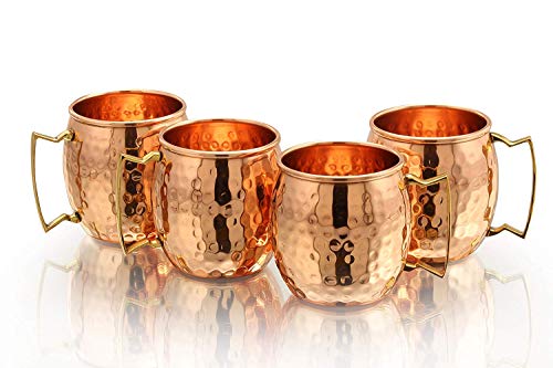 (Gift Set) Pure Copper Hammered Mugs with Copper Straws & Wooden Coasters Set of 4 - PREMIUM QUALITY -16 Oz Copper Cups - 100% Handcrafted - A Gift Pack for your loved Ones