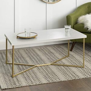 walker edison mid century modern marble gold rectangle coffee table living room accent ottoman storage shelf, 42 inch, marble and gold