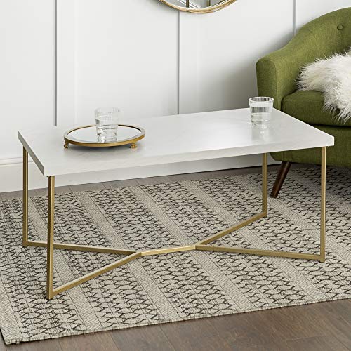 Walker Edison Mid Century Modern Marble Gold Rectangle Coffee Table Living Room Accent Ottoman Storage Shelf, 42 Inch, Marble and Gold