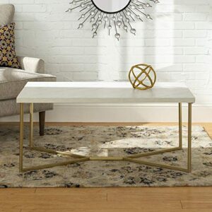 Walker Edison Mid Century Modern Marble Gold Rectangle Coffee Table Living Room Accent Ottoman Storage Shelf, 42 Inch, Marble and Gold