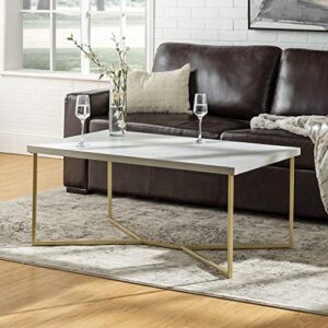 Walker Edison Mid Century Modern Marble Gold Rectangle Coffee Table Living Room Accent Ottoman Storage Shelf, 42 Inch, Marble and Gold