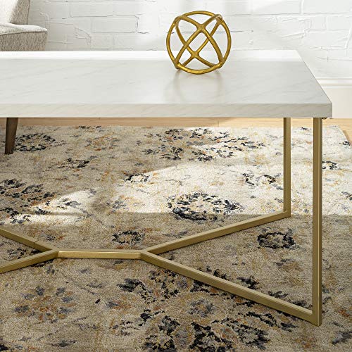 Walker Edison Mid Century Modern Marble Gold Rectangle Coffee Table Living Room Accent Ottoman Storage Shelf, 42 Inch, Marble and Gold