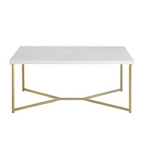 Walker Edison Mid Century Modern Marble Gold Rectangle Coffee Table Living Room Accent Ottoman Storage Shelf, 42 Inch, Marble and Gold