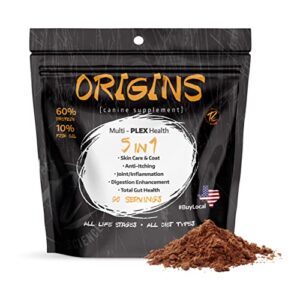 rogue pet science origins 5-in-1 dog supplement - powdered food topper w/natural omega 3 fish oil - supports healthy digestion, skin, and coat - helps reduce itching & joint inflammation (5 lbs)