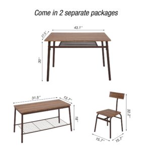 Dporticus 6 Piece Industrial Dining Set for Kitchen Dining Room w/Storage Rack,Wooden Dining Table,4 Ergonomic Chair & 1 Bench,Stainless Steel Frame,Brown