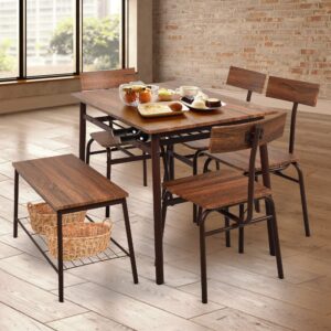 Dporticus 6 Piece Industrial Dining Set for Kitchen Dining Room w/Storage Rack,Wooden Dining Table,4 Ergonomic Chair & 1 Bench,Stainless Steel Frame,Brown