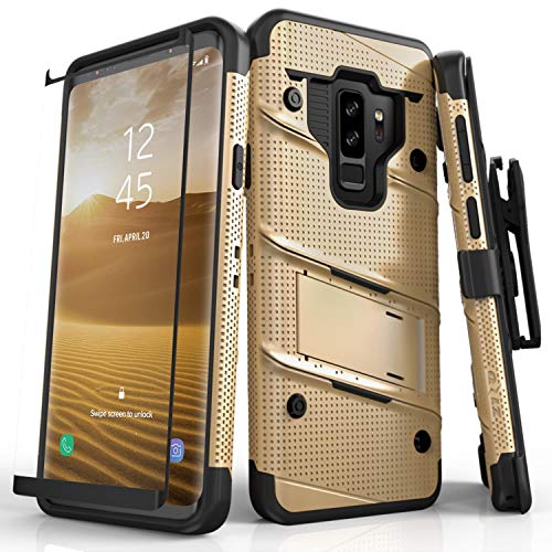 ZIZO Bolt Series for Samsung Galaxy S9 Plus Case Military Grade Drop Tested with Tempered Glass Screen Protector Holster Gold Black