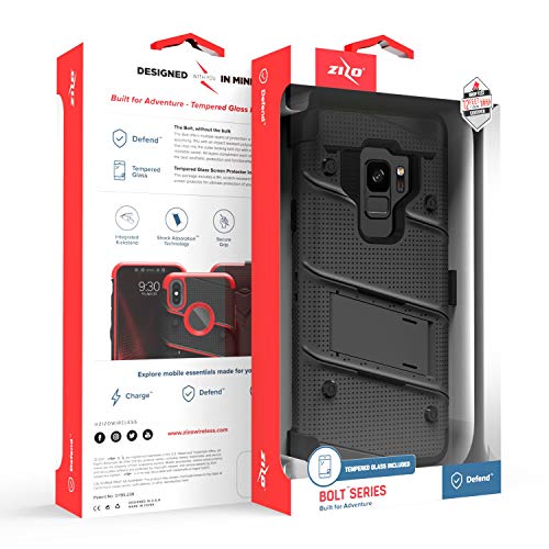 ZIZO Bolt Series for Samsung Galaxy S9 Case Military Grade Drop Tested with Tempered Glass Screen Protector Holster Black