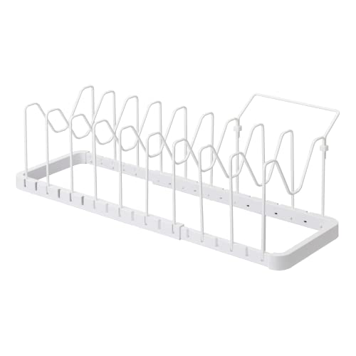 YAMAZAKI home 3840 Adjustable Lid & Pan Organizer-Kitchen Drawer Storage Shelf Rack, One Size, White