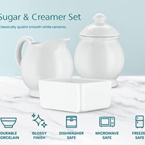 Kook Ceramic Sugar & Creamer Set, 3 Piece Porcelain Coffee Serving Set, Milk Pitcher, Sugar Bowl with Lid and Sweetener Packet Holder, Dishwasher Safe, White