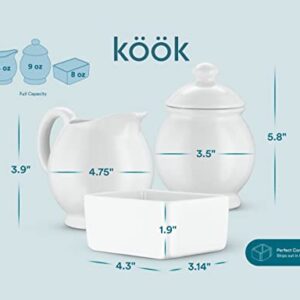 Kook Ceramic Sugar & Creamer Set, 3 Piece Porcelain Coffee Serving Set, Milk Pitcher, Sugar Bowl with Lid and Sweetener Packet Holder, Dishwasher Safe, White