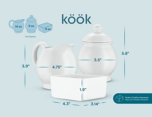 Kook Ceramic Sugar & Creamer Set, 3 Piece Porcelain Coffee Serving Set, Milk Pitcher, Sugar Bowl with Lid and Sweetener Packet Holder, Dishwasher Safe, White