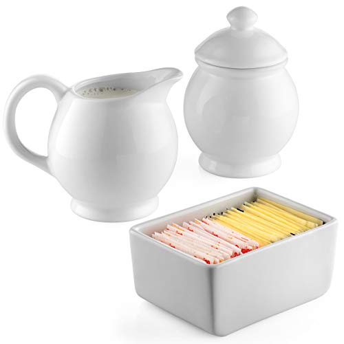 Kook Ceramic Sugar & Creamer Set, 3 Piece Porcelain Coffee Serving Set, Milk Pitcher, Sugar Bowl with Lid and Sweetener Packet Holder, Dishwasher Safe, White