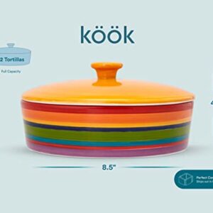 KooK Ceramic Tortilla Warmer, Colorful Design, Perfect for Pancakes, Holds up to 12 tortillas, 8.5 Inch Diameter, Taco warmer 40oz