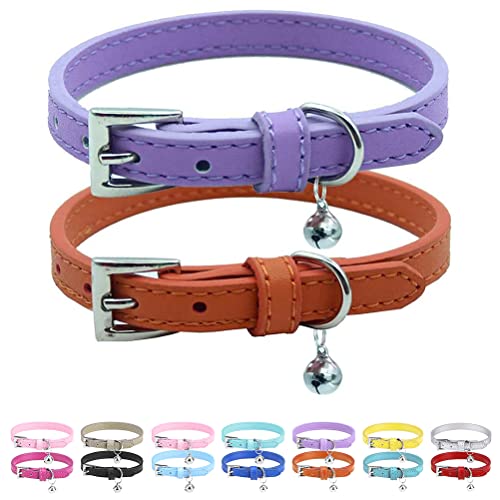 PUPTECK 2 PCS Soft Leather Cat Kitten Collar with Bells Adjustable for Girl Boy Cats Puppy - Orange, Purple