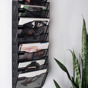 Klickpick Office 10 Sections Hanging Files Wall Mounted Metal Mesh Document File Organizer Magazine Holder Rack Organizer Racks Multipurpose Use to Display Files, Magazine, Newspapers- Black