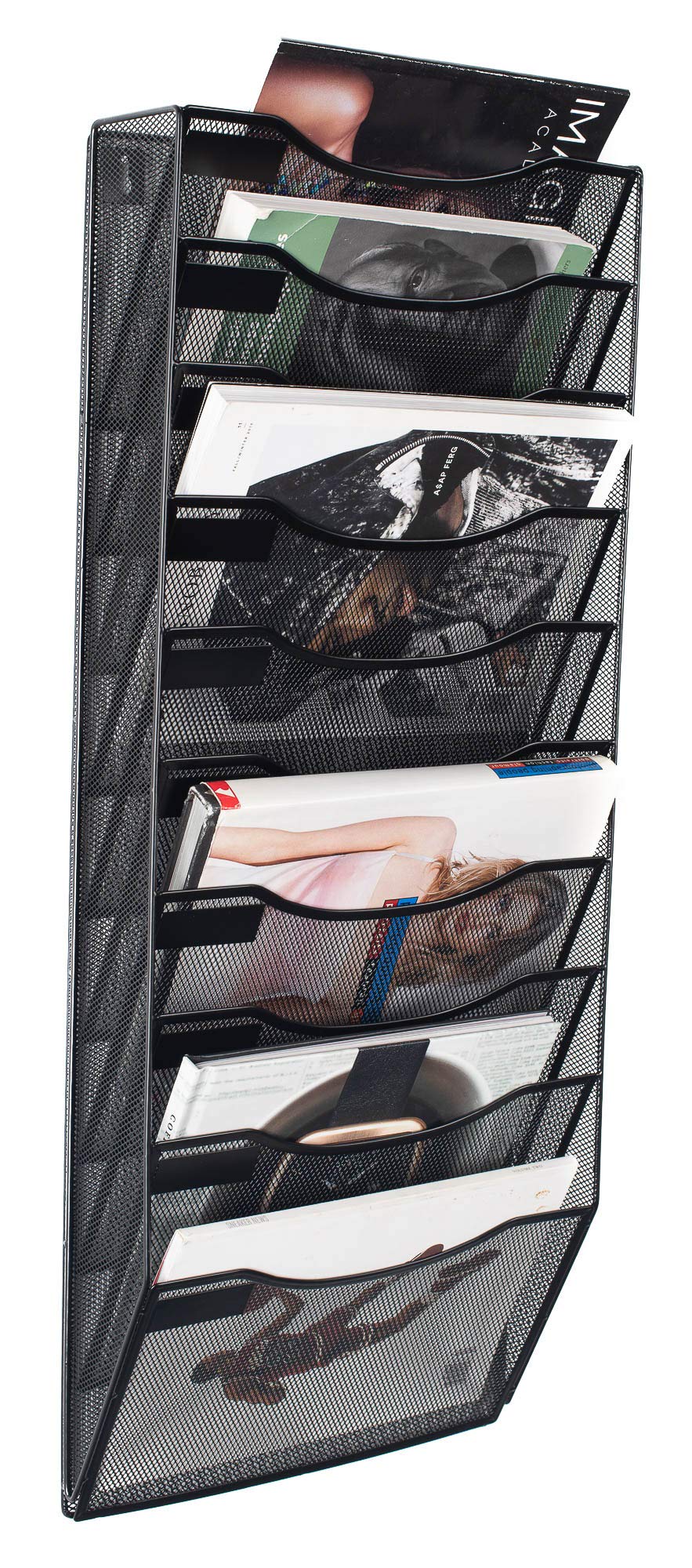 Klickpick Office 10 Sections Hanging Files Wall Mounted Metal Mesh Document File Organizer Magazine Holder Rack Organizer Racks Multipurpose Use to Display Files, Magazine, Newspapers- Black