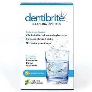 dentibrite crystals cleaner for removable dental appliances - invisalign aligners, retainers, guards, dentures, trays/aligners - odor remover - no persulfates or dyes - 30ct - made in usa