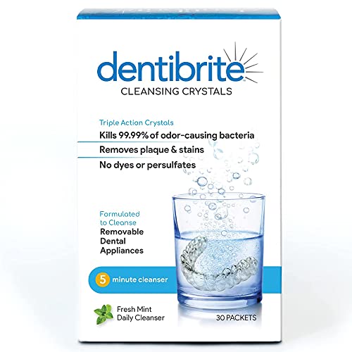 Dentibrite Crystals Cleaner for Removable Dental Appliances - Invisalign Aligners, Retainers, Guards, Dentures, Trays/Aligners - Odor Remover - No Persulfates or Dyes - 30ct - Made in USA