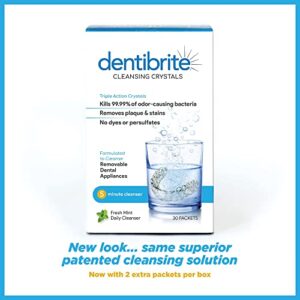 Dentibrite Crystals Cleaner for Removable Dental Appliances - Invisalign Aligners, Retainers, Guards, Dentures, Trays/Aligners - Odor Remover - No Persulfates or Dyes - 30ct - Made in USA