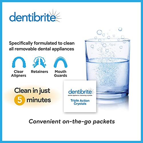 Dentibrite Crystals Cleaner for Removable Dental Appliances - Invisalign Aligners, Retainers, Guards, Dentures, Trays/Aligners - Odor Remover - No Persulfates or Dyes - 30ct - Made in USA