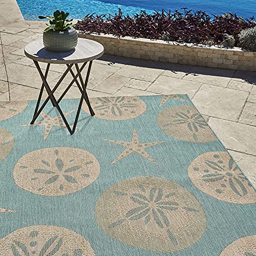 Gertmenian Indoor Outdoor Area Rug, Classic Flatweave, Washable, Stain & UV Resistant Carpet, Deck, Patio, Poolside & Mudroom, 5x7 Ft Standard, Sand Dollar Starfish, Oasis Green, 21268