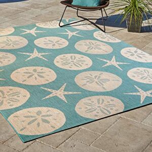 Gertmenian Indoor Outdoor Area Rug, Classic Flatweave, Washable, Stain & UV Resistant Carpet, Deck, Patio, Poolside & Mudroom, 5x7 Ft Standard, Sand Dollar Starfish, Oasis Green, 21268