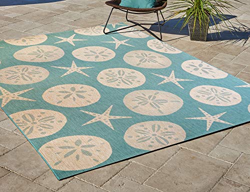 Gertmenian Indoor Outdoor Area Rug, Classic Flatweave, Washable, Stain & UV Resistant Carpet, Deck, Patio, Poolside & Mudroom, 5x7 Ft Standard, Sand Dollar Starfish, Oasis Green, 21268