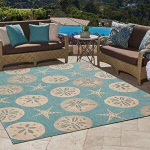 Gertmenian Indoor Outdoor Area Rug, Classic Flatweave, Washable, Stain & UV Resistant Carpet, Deck, Patio, Poolside & Mudroom, 5x7 Ft Standard, Sand Dollar Starfish, Oasis Green, 21268