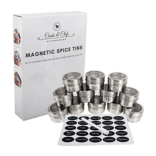 Cooks and Chefs 12 Magnetic Spice Tins 150 Spice Labels including 96 Blank Labels and Chalk Pen for customization Storage Spice Rack Set of 12 Clear Top Lid w/Sift and Pour- Good for Office Supplies