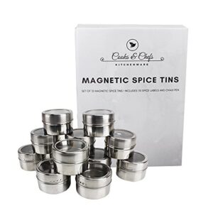 Cooks and Chefs 12 Magnetic Spice Tins 150 Spice Labels including 96 Blank Labels and Chalk Pen for customization Storage Spice Rack Set of 12 Clear Top Lid w/Sift and Pour- Good for Office Supplies