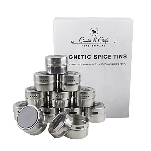 Cooks and Chefs 12 Magnetic Spice Tins 150 Spice Labels including 96 Blank Labels and Chalk Pen for customization Storage Spice Rack Set of 12 Clear Top Lid w/Sift and Pour- Good for Office Supplies