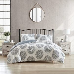 stone cottage - king comforter set, reversible cotton sateen bedding with matching shams, all season home decor (bristol grey, king)