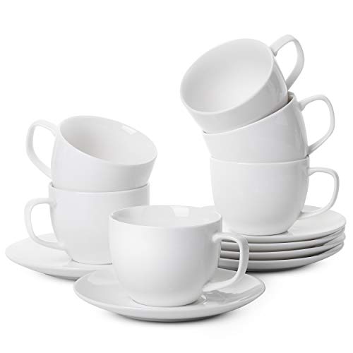 BTaT- Tea Cups and Saucers, Set of 6 (8 oz), Cappuccino Cups, Coffee Cups, White Tea Cup Set, British Coffee Cups, Porcelain Tea Set, Latte Cups, Espresso Mug, White Cups